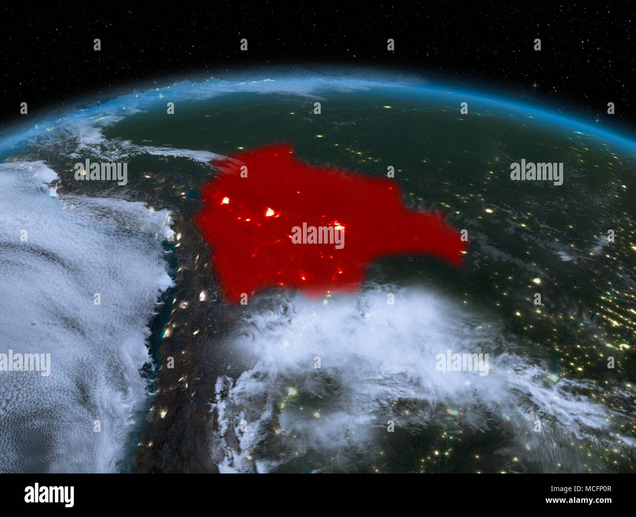 Satellite night view of Bolivia highlighted in red on planet Earth with clouds. 3D illustration ...