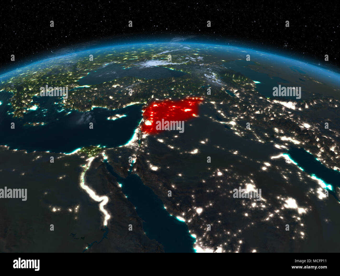 Satellite night view of Syria highlighted in red on planet Earth with clouds. 3D illustration ...