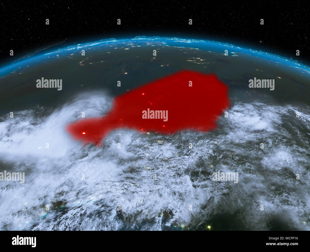 Satellite night view of Niger highlighted in red on planet Earth with clouds. 3D illustration ...