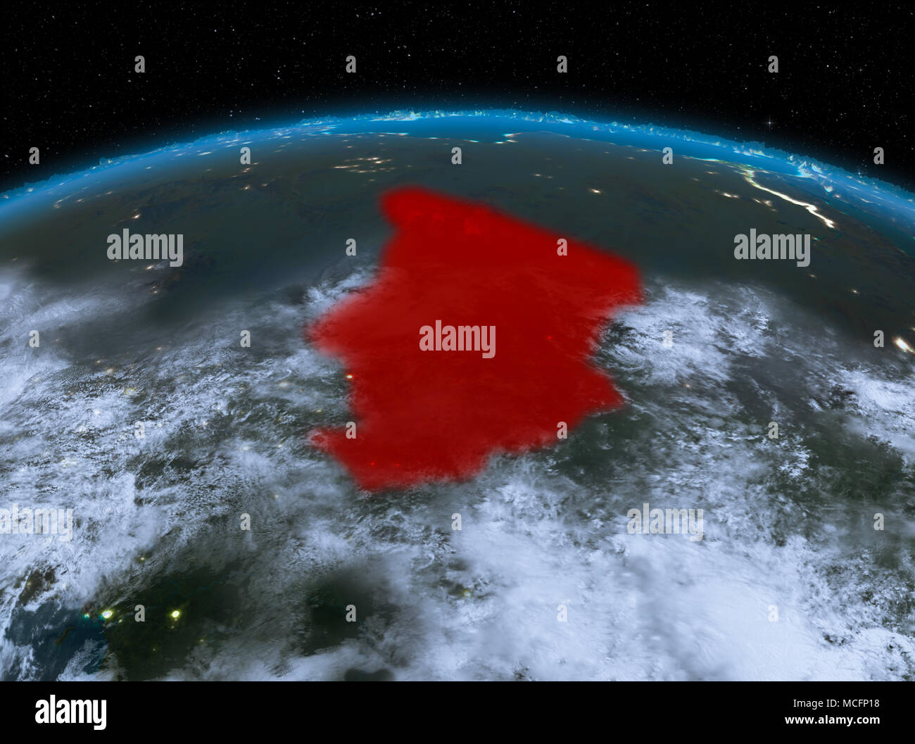 Satellite night view of Chad highlighted in red on planet Earth with clouds. 3D illustration ...
