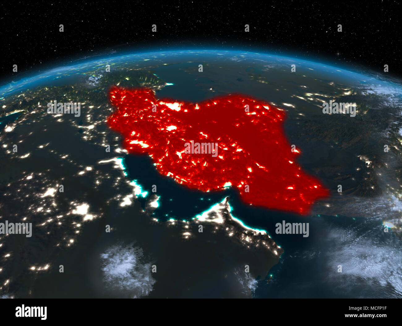 Satellite night view of Iran highlighted in red on planet Earth with clouds. 3D illustration ...