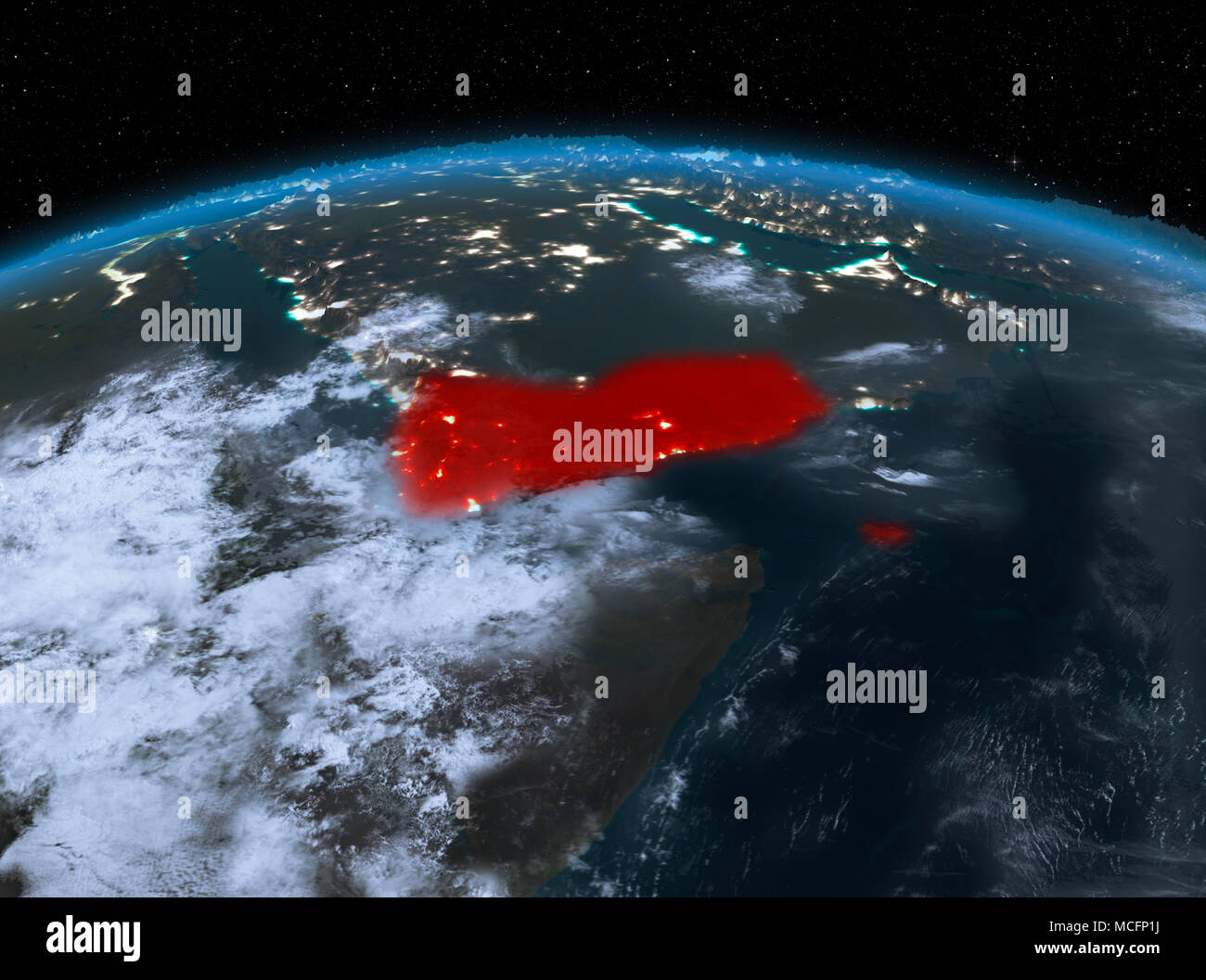 Satellite night view of Yemen highlighted in red on planet Earth with clouds. 3D illustration ...