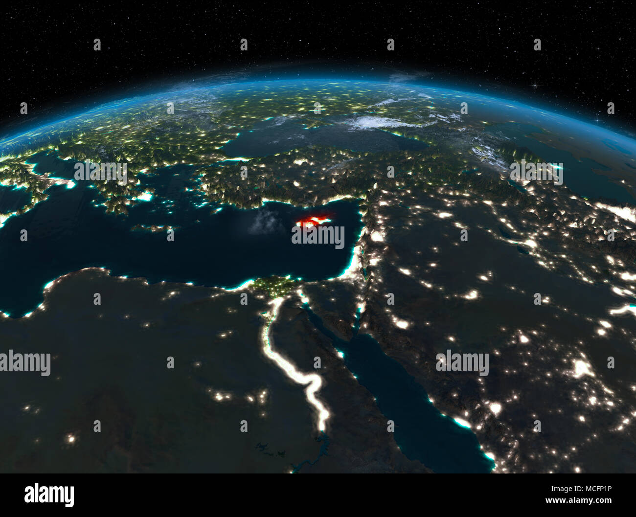 Satellite night view of Cyprus highlighted in red on planet Earth with ...