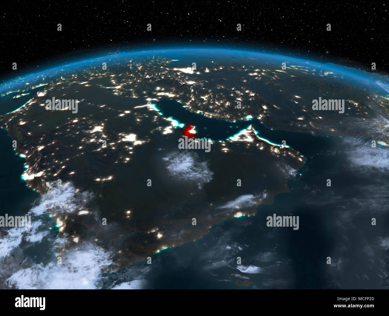 Satellite night view of Qatar highlighted in red on planet Earth with clouds. 3D illustration ...