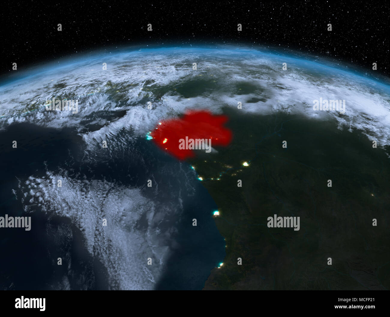 Satellite night view of Gabon highlighted in red on planet Earth with clouds. 3D illustration ...