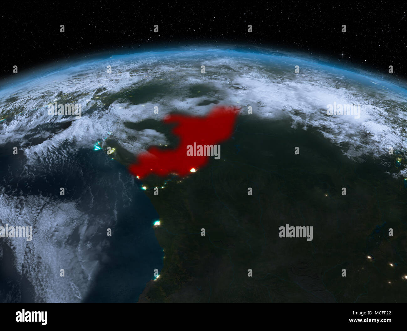 Satellite night view of Congo highlighted in red on planet Earth with clouds. 3D illustration ...