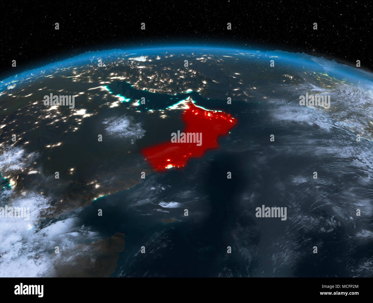 Satellite night view of Oman highlighted in red on planet Earth with clouds. 3D illustration ...