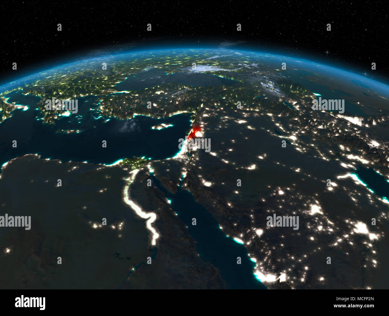 Satellite night view of Lebanon highlighted in red on planet Earth with clouds. 3D illustration ...