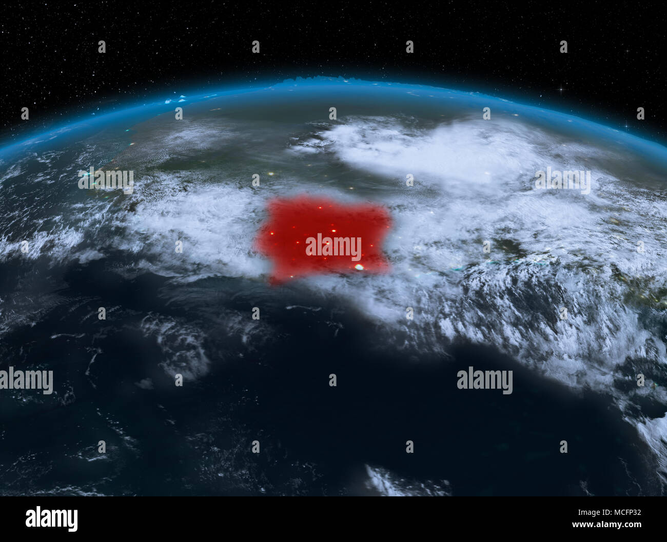 Satellite night view of Ivory Coast highlighted in red on planet Earth with clouds. 3D ...