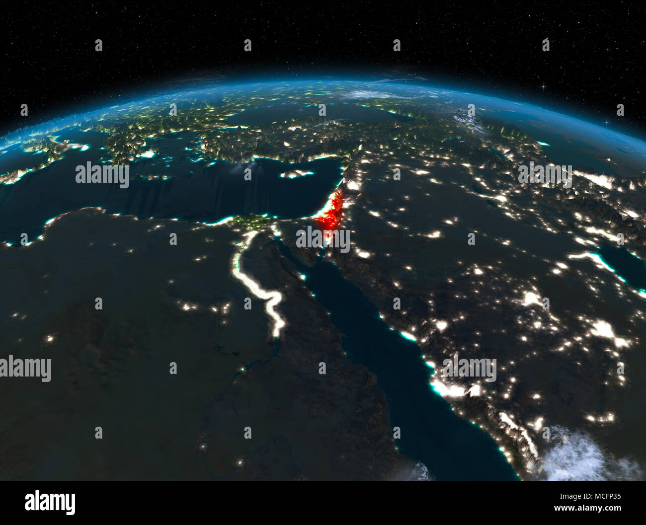Satellite night view of Israel highlighted in red on planet Earth with clouds. 3D illustration ...