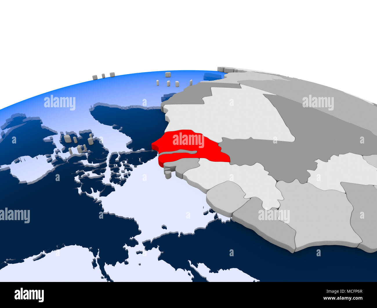 Mali highlighted in red on political globe with transparent oceans. 3D ...