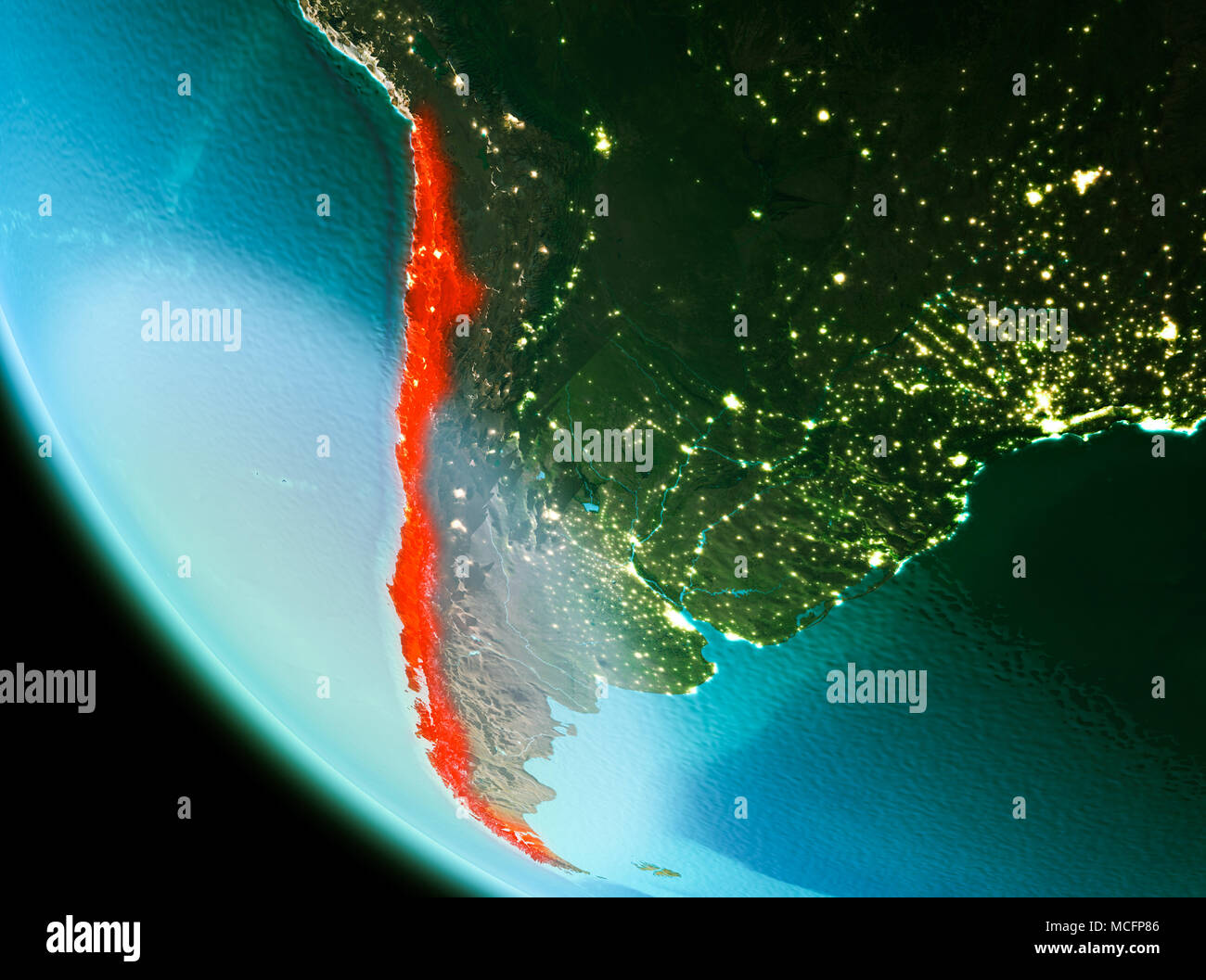 Country of Chile in red on planet Earth in the evening. 3D illustration ...