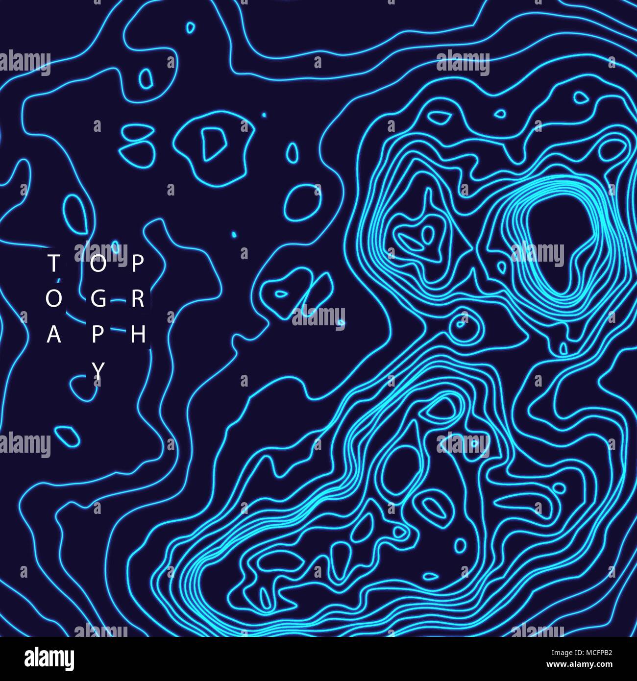 Vector topographic map with luminous blue lines on dark background ...