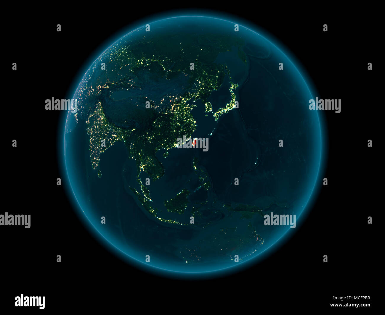 Night above Taiwan highlighted in red on model of planet Earth in space ...