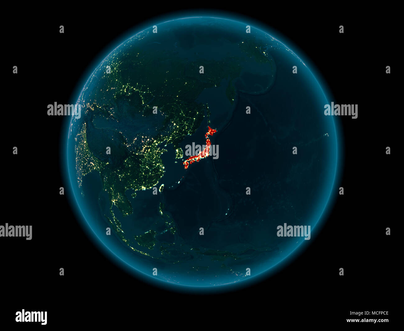 Night above Japan highlighted in red on model of planet Earth in space ...