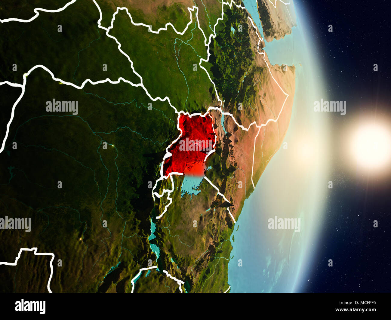 Uganda during sunrise highlighted in red on planet Earth with visible ...
