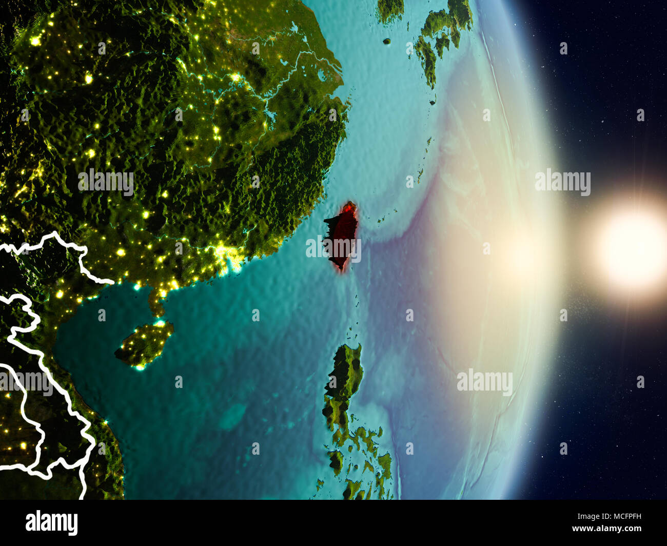 Taiwan during sunrise highlighted in red on planet Earth with visible ...