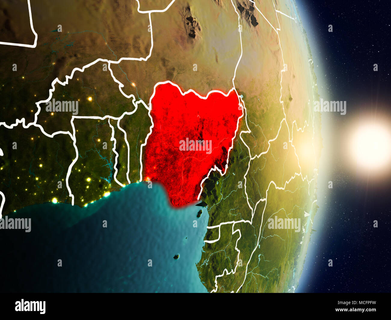 Nigeria during sunrise highlighted in red on planet Earth with visible ...