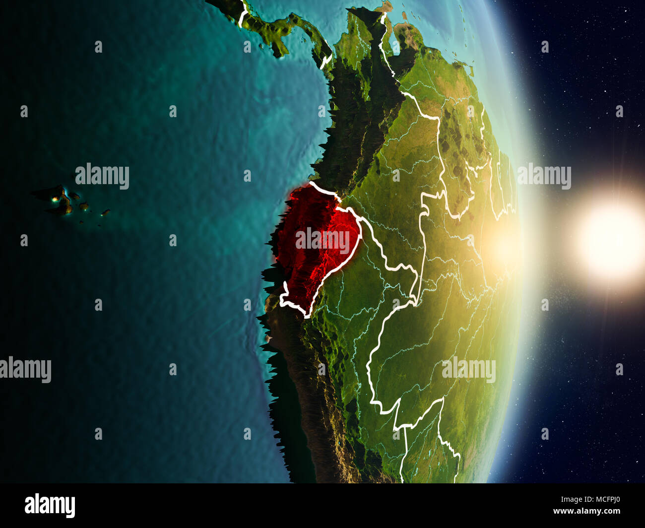 Ecuador during sunrise highlighted in red on planet Earth with visible country borders. 3D ...
