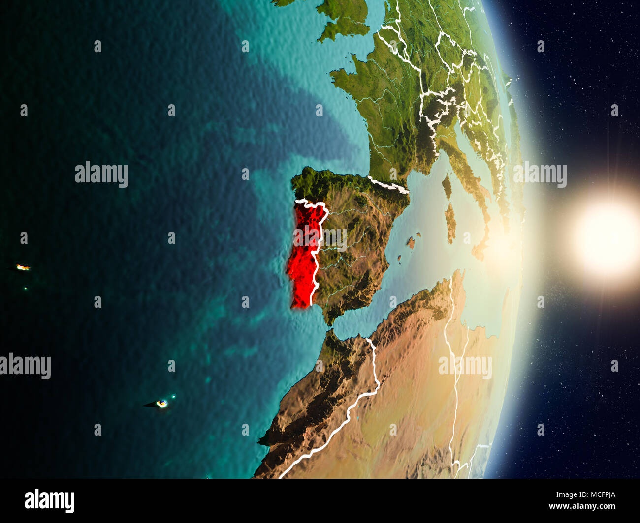 Portugal during sunrise highlighted in red on planet Earth with visible ...