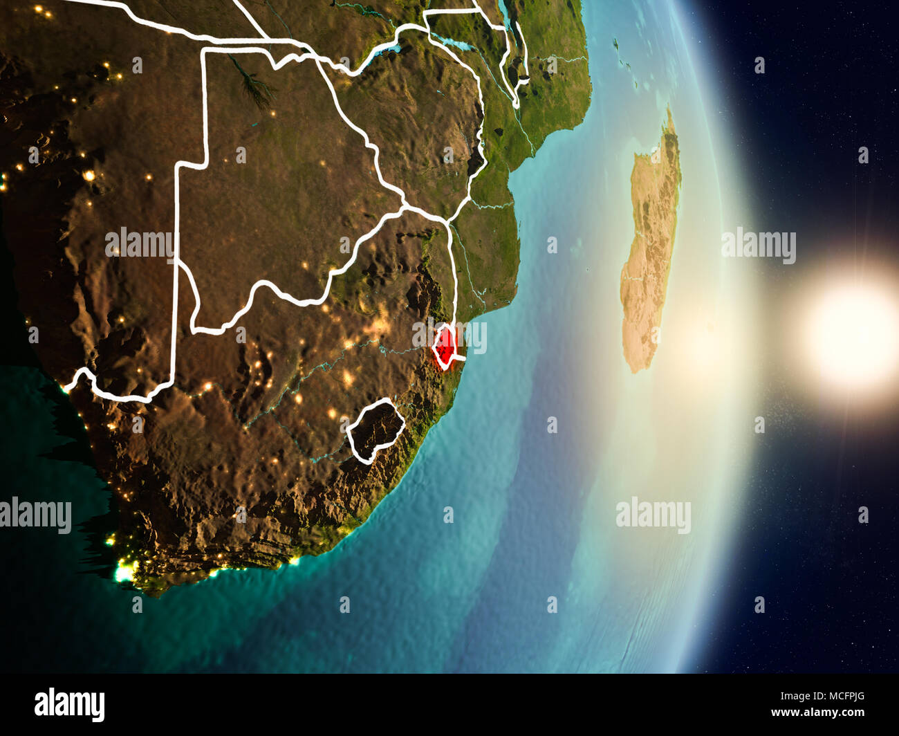 Swaziland during sunrise highlighted in red on planet Earth with visible country borders. 3D ...