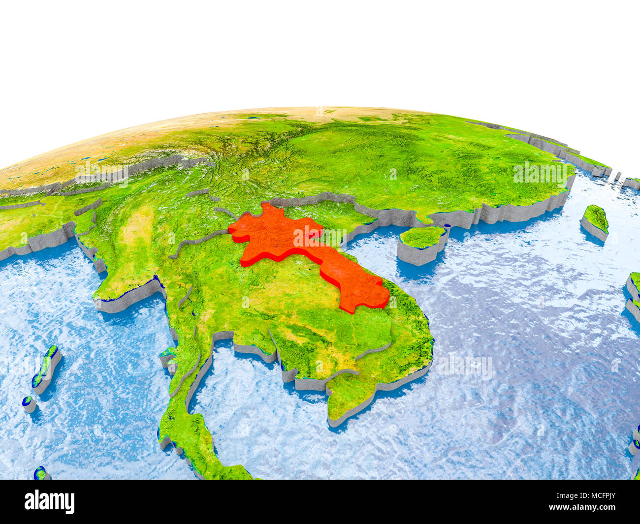 Laos highlighted in red on globe with realistic land surface, visible ...