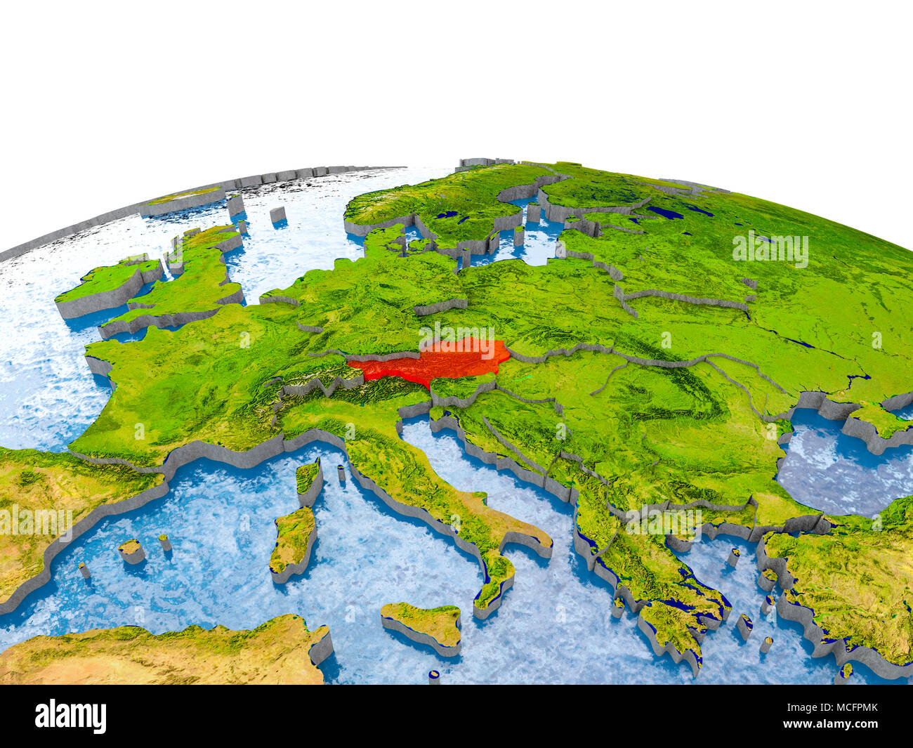 Austria highlighted in red on globe with realistic land surface ...