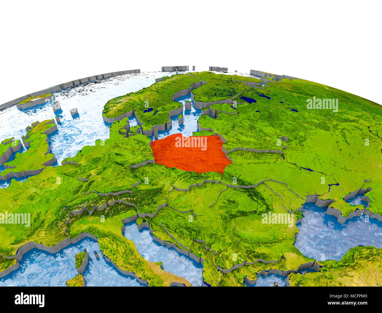 Poland highlighted in red on globe with realistic land surface, visible ...