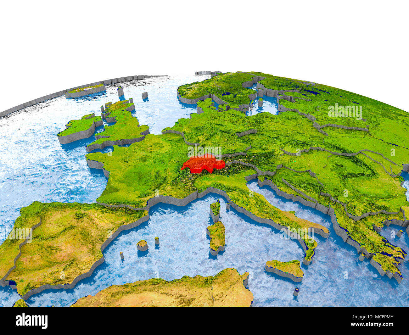 Switzerland highlighted in red on globe with realistic land surface ...