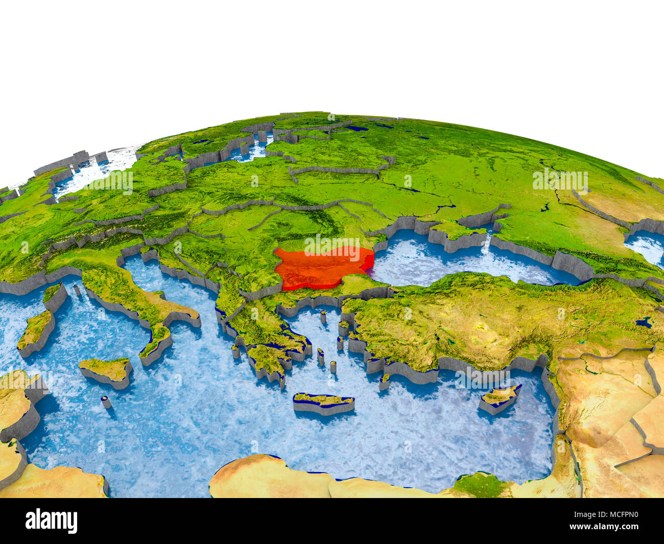 Bulgaria highlighted in red on globe with realistic land surface ...