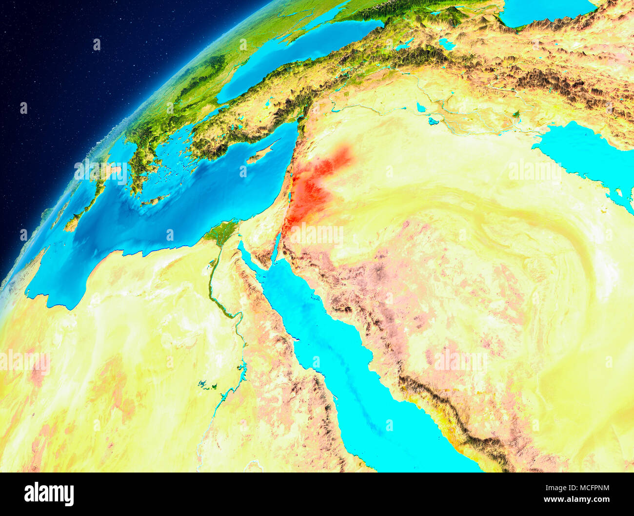 Orbit view of Jordan highlighted in red on planet Earth. 3D ...