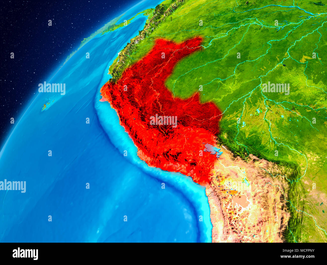 Orbit view of Peru highlighted in red on planet Earth. 3D illustration ...