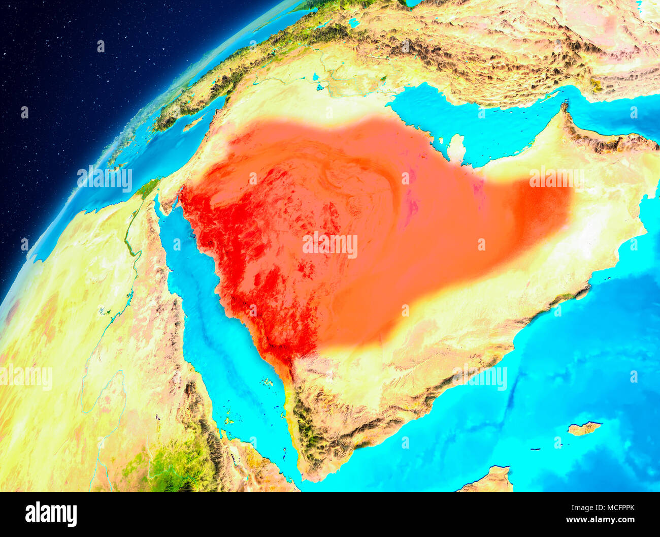 Orbit view of Saudi Arabia highlighted in red on planet Earth. 3D ...