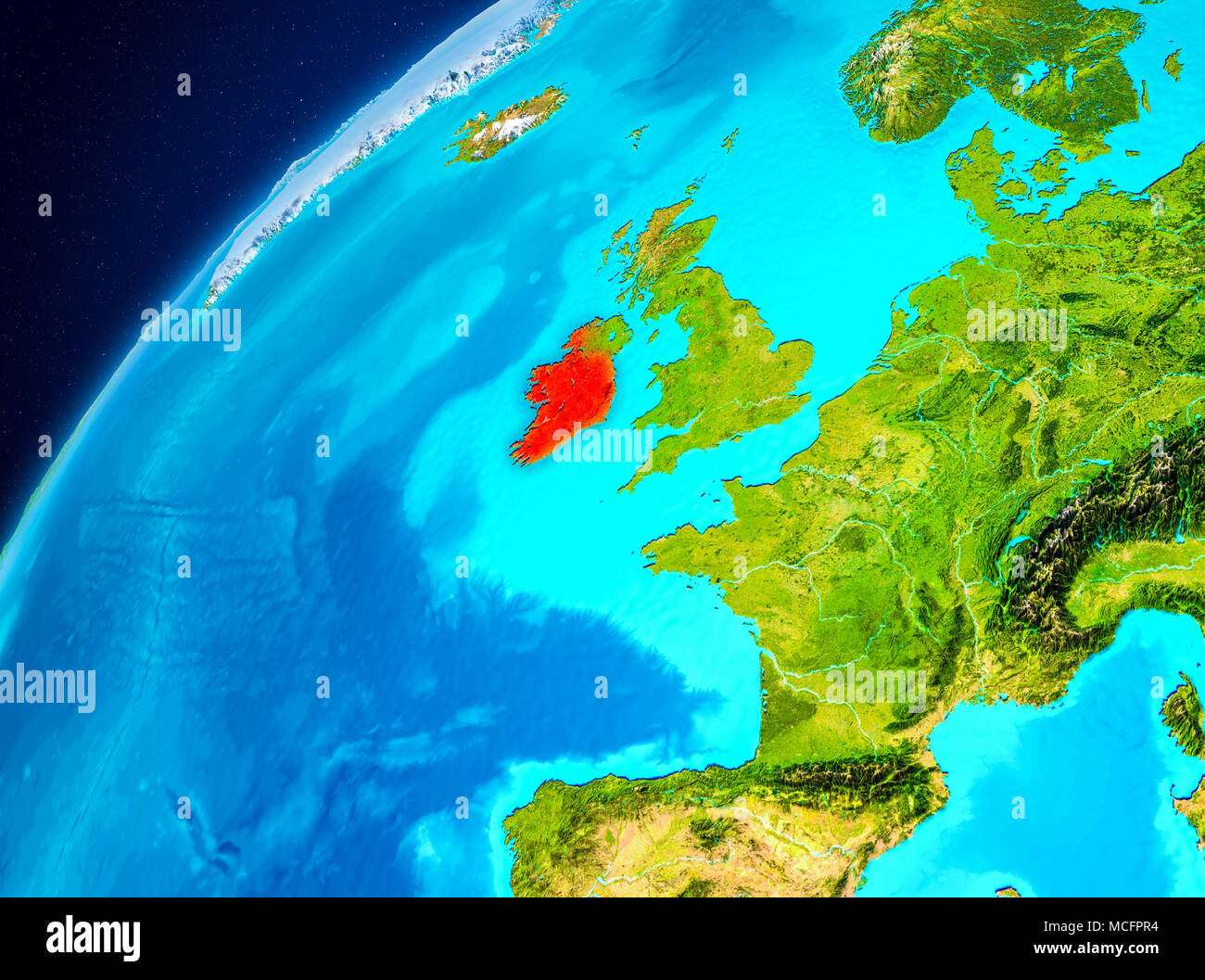 Orbit view of Ireland highlighted in red on planet Earth. 3D ...