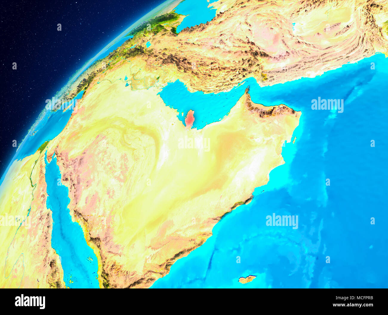 Orbit view of Qatar highlighted in red on planet Earth. 3D illustration ...