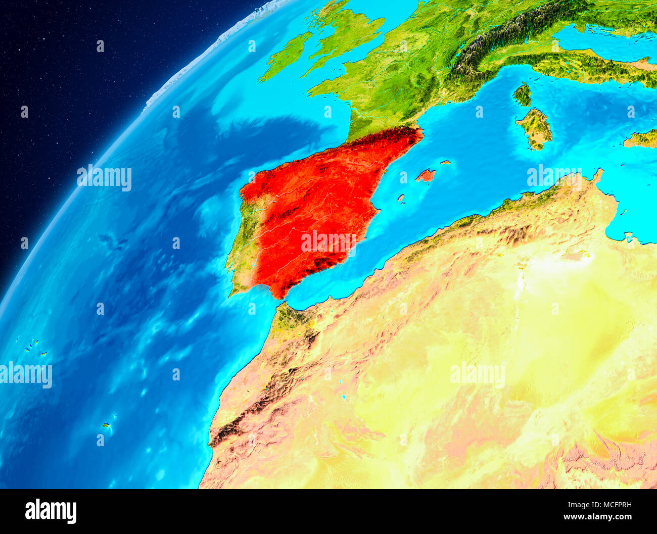 Orbit view of Spain highlighted in red on planet Earth. 3D illustration ...