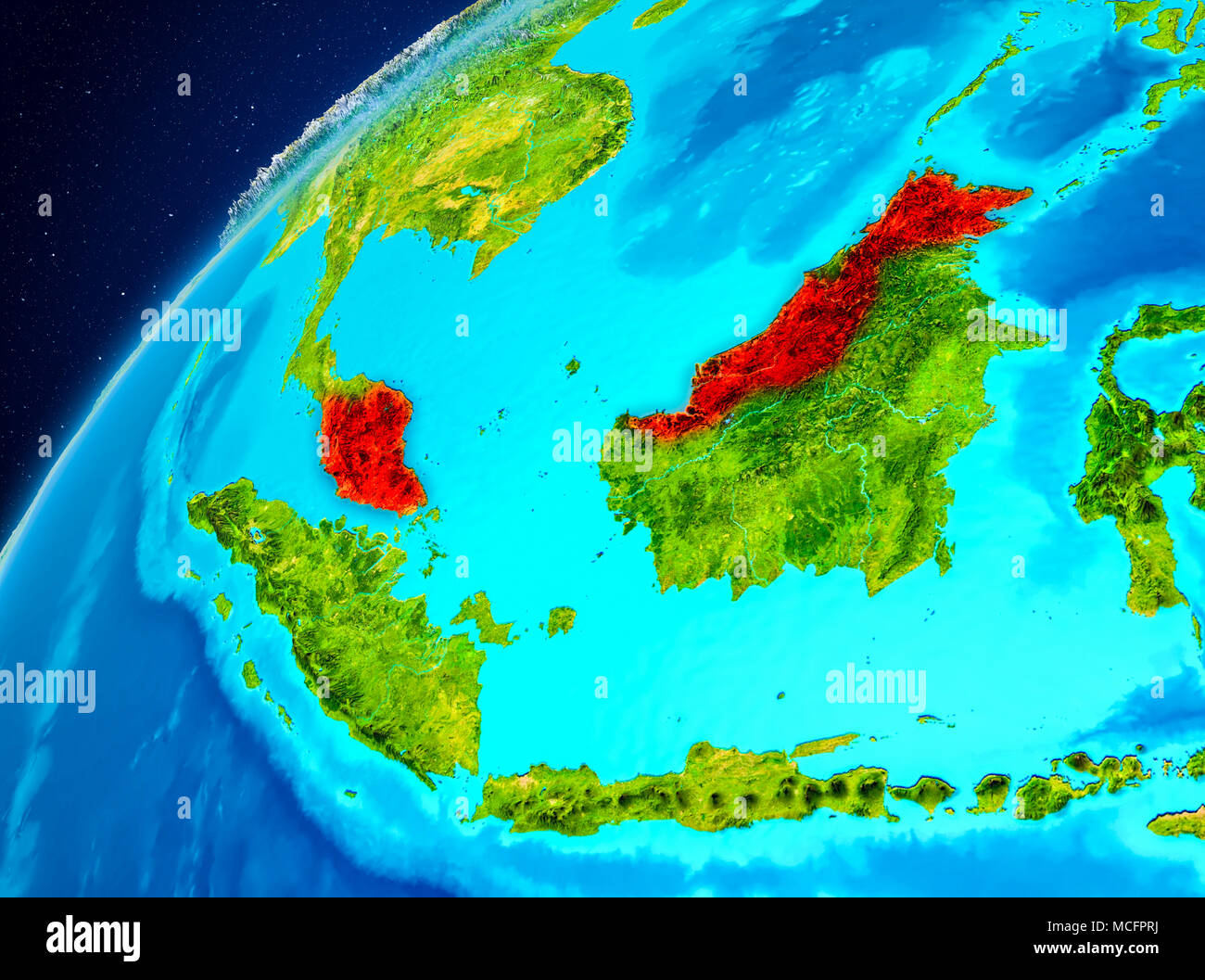 Orbit view of Malaysia highlighted in red on planet Earth. 3D ...