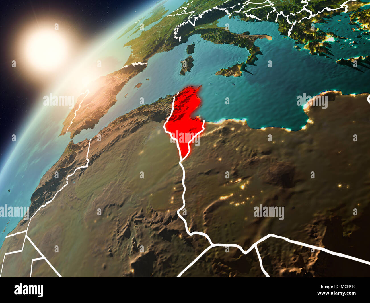 Tunisia during sunset highlighted in red on planet Earth with visible country borders. 3D ...