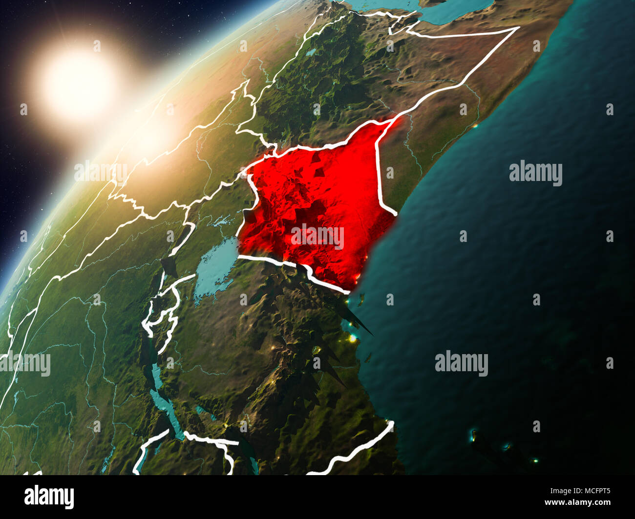 Kenya during sunset highlighted in red on planet Earth with visible ...