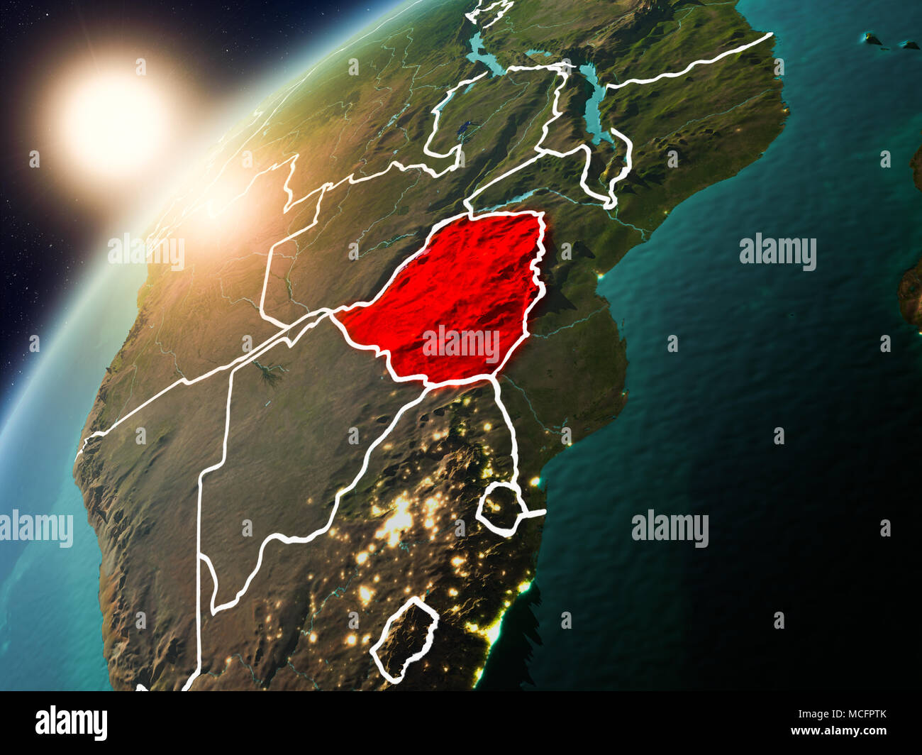 Zimbabwe during sunset highlighted in red on planet Earth with visible ...