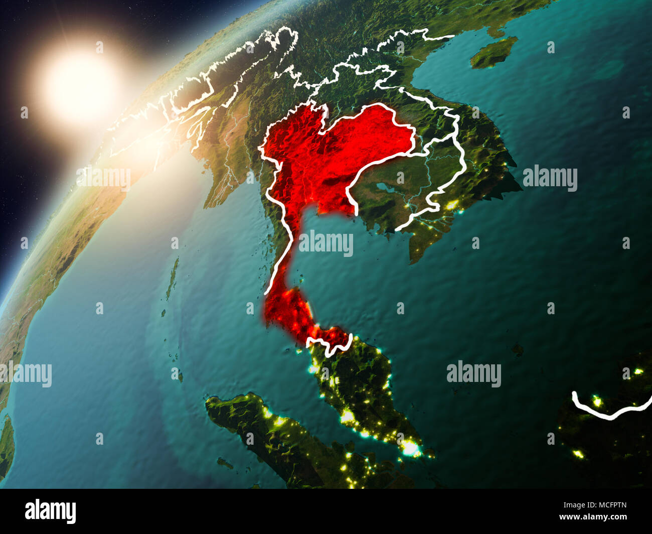 Thailand during sunset highlighted in red on planet Earth with visible ...