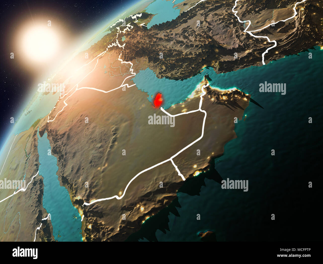 Qatar during sunset highlighted in red on planet Earth with visible ...