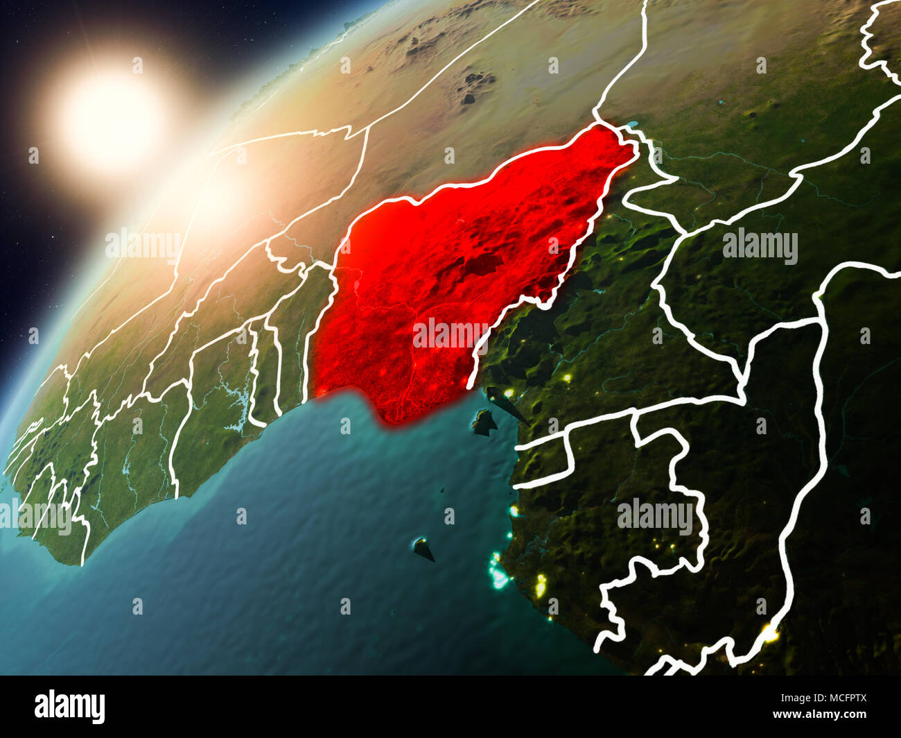 Nigeria during sunset highlighted in red on planet Earth with visible ...