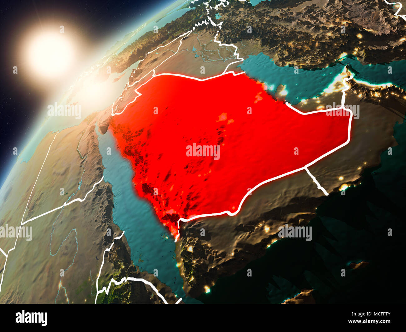Saudi Arabia during sunset highlighted in red on planet Earth with ...