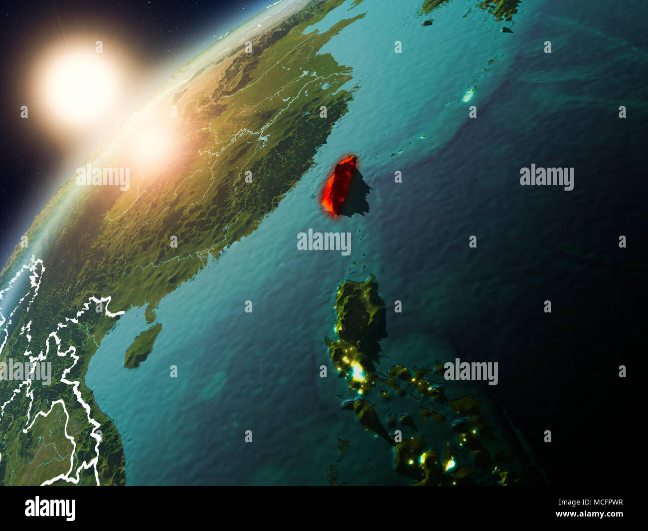 Taiwan during sunset highlighted in red on planet Earth with visible ...