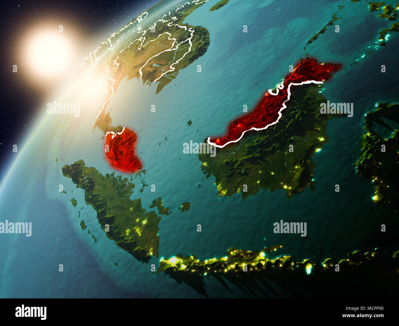 Malaysia during sunset highlighted in red on planet Earth with visible country borders. 3D ...
