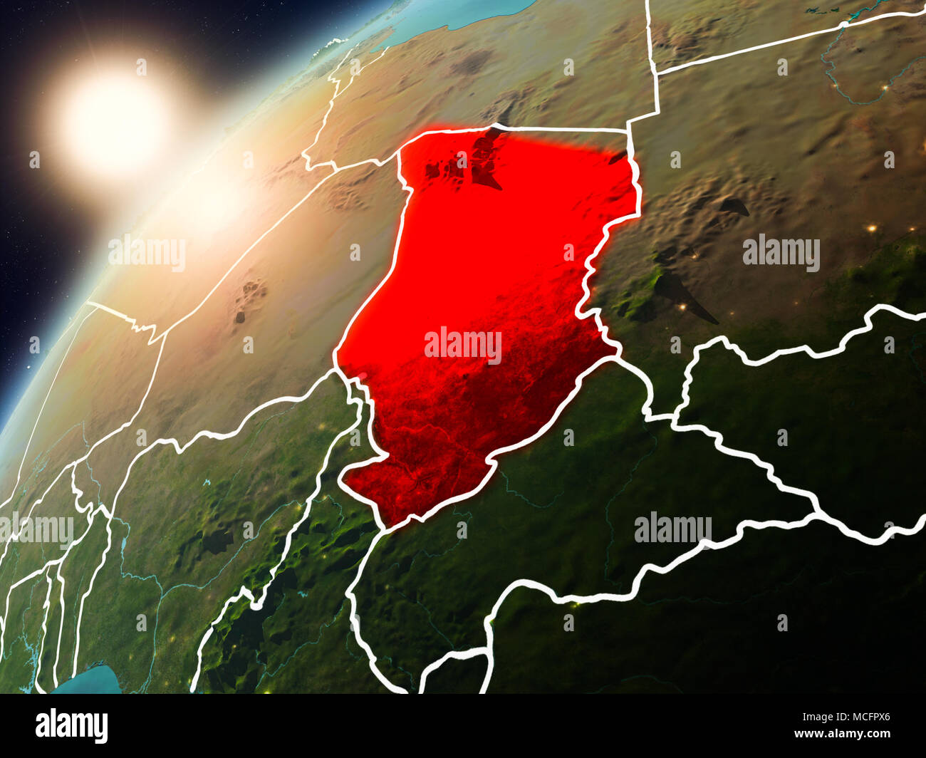 Chad during sunset highlighted in red on planet Earth with visible ...