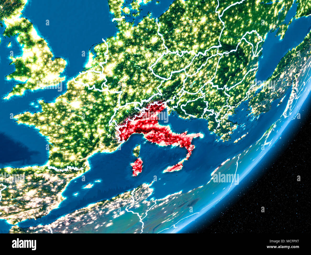Italy in red on planet Earth at night with visible borderlines and city ...