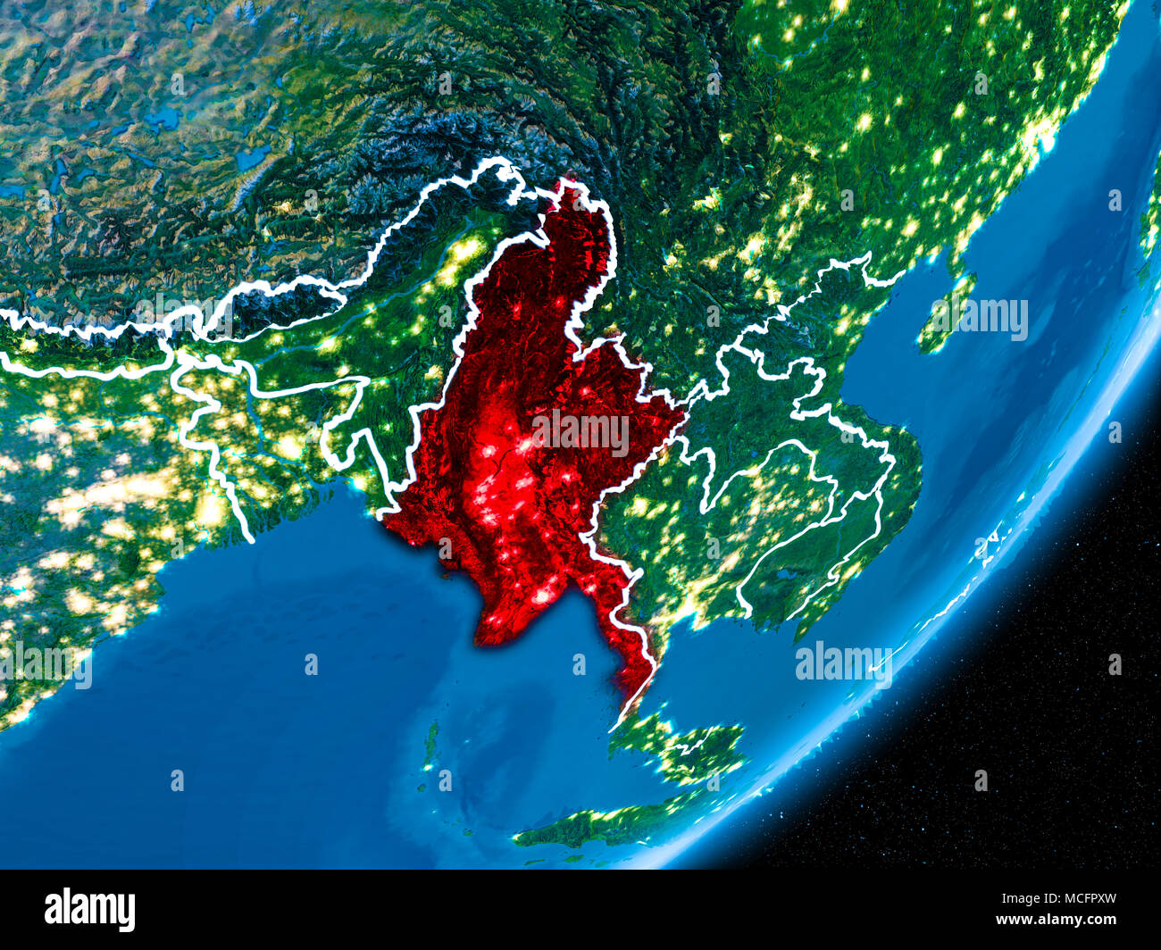 Myanmar in red on planet Earth at night with visible borderlines and ...