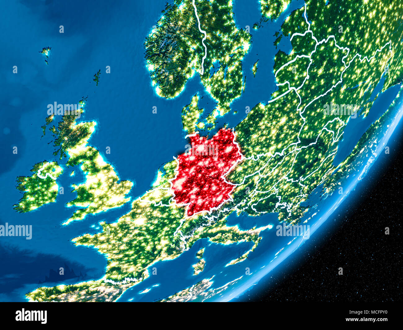Germany in red on planet Earth at night with visible borderlines and ...